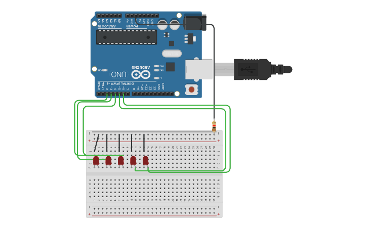 Circuit design 5 LEDS - Tinkercad