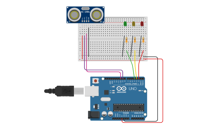 Circuit design APRESTO HC SR04 y led | Tinkercad