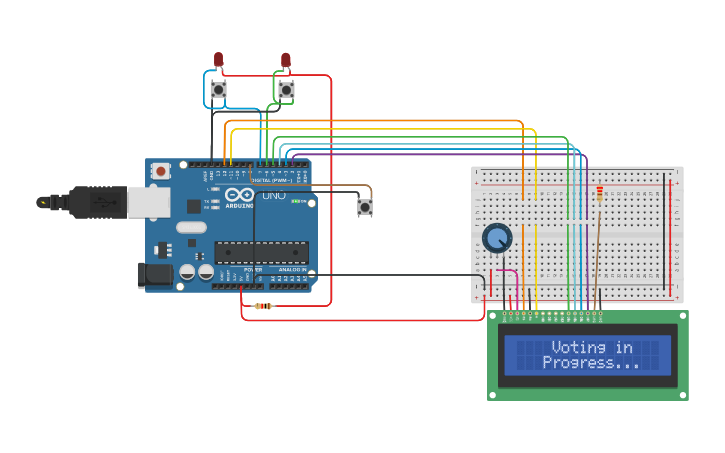 Circuit design Voting Machine using 2x16 LCD and push buttons - Tinkercad