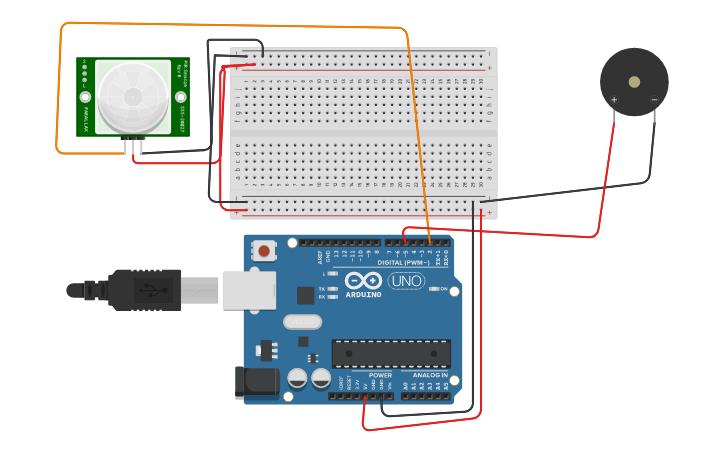 Circuit design alarma con sensor de movimiento - Tinkercad
