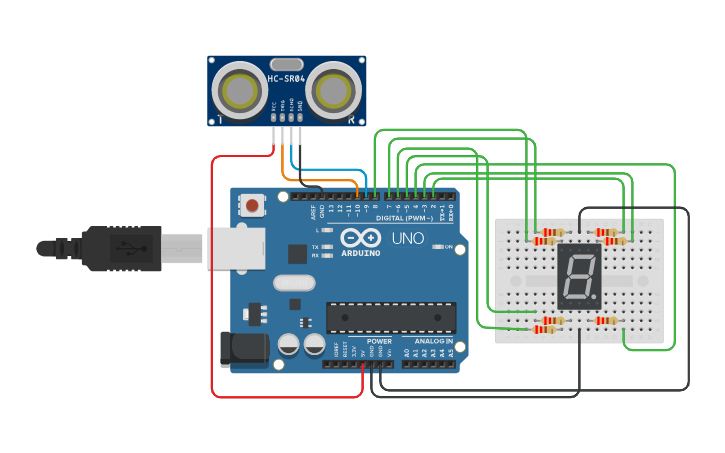 Circuit design seven segment with ultrasonic - Tinkercad