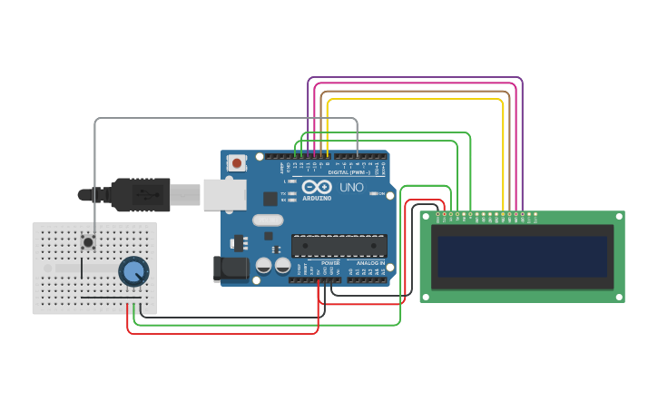 Circuit design LCD Use for display conuter for pressed button - Tinkercad