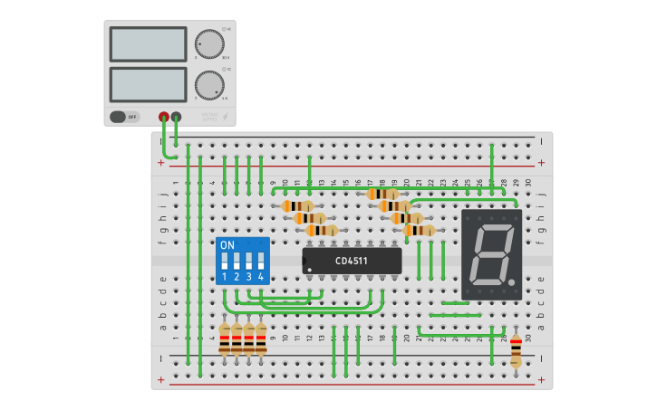Circuit design Dip Switch - Decodificador - Display 7 Segmentos - Tinkercad