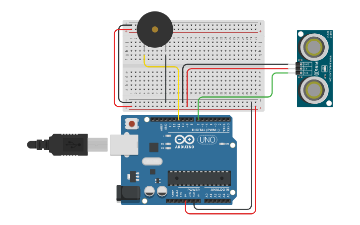 Circuit design Sensore e Beep di prossimità - Tinkercad