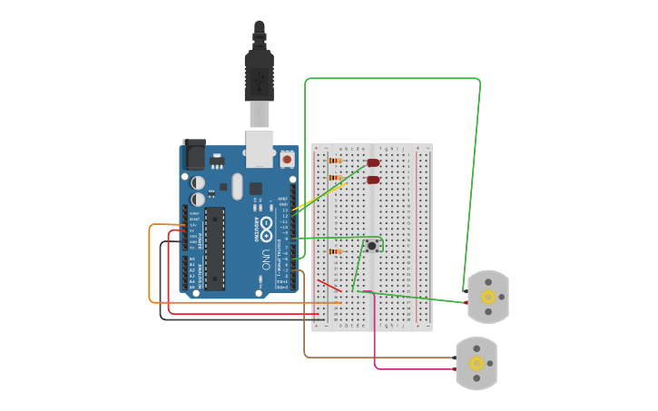 Circuit design motor and led button with arduino - Tinkercad