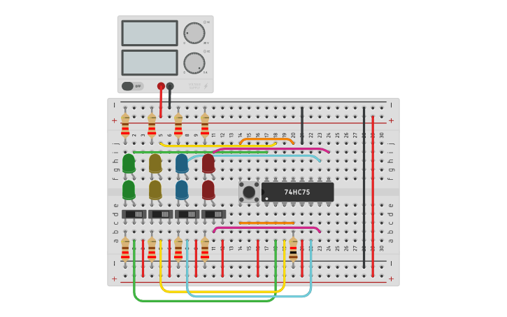 Circuit design 74HC75 latch 4 bit - Tinkercad