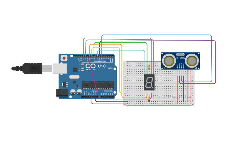 Circuit design 7 segment display with ultrasonic sensor - Tinkercad