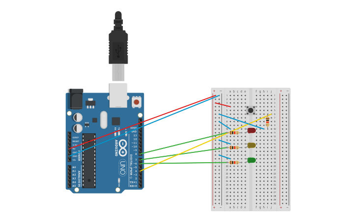 Circuit design 3-Semaforo controlado por boton - Tinkercad