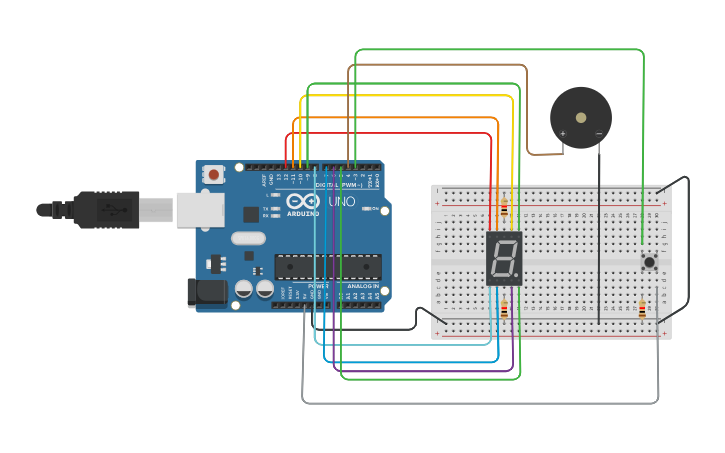Circuit design 7 segment with buzzer and push button - Tinkercad