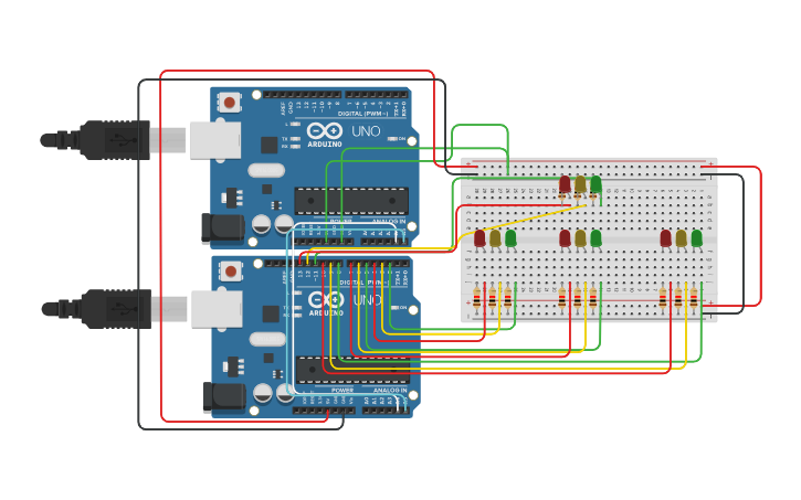 Circuit design 2 Arduinos con semaforo "Maestro y Esclavo" - Tinkercad