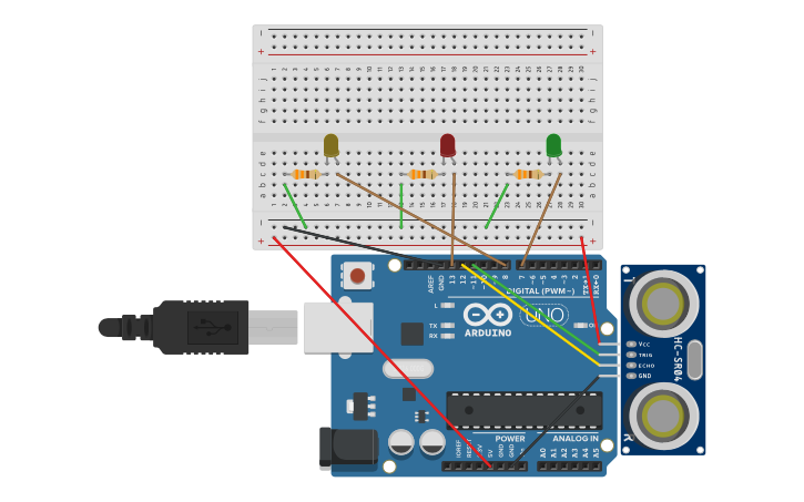 Circuit design ultrasonic sensor + leds garage lights EDS | Tinkercad