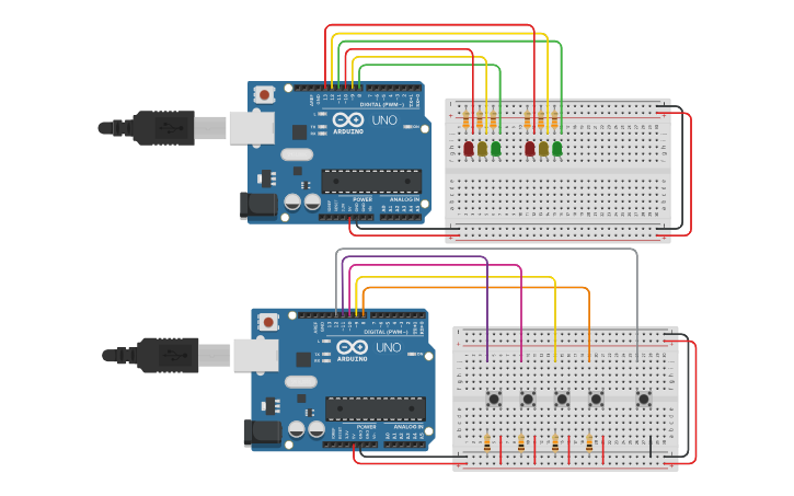 Circuit design Leds y botones - Tinkercad