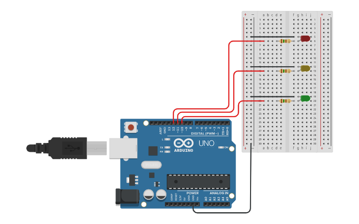Circuit design Semáforo simples - Tinkercad