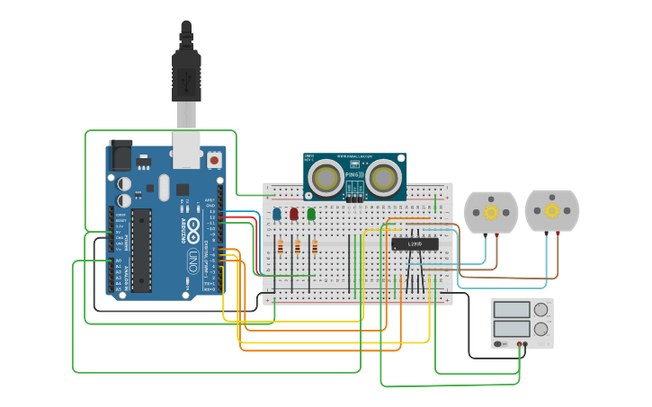 Circuit design 3- PIN ultrasonic sensor LED and Motor interface - Tinkercad Circuit design 3- PIN ultrasonic sensor LED and Motor interface - Tinkercad