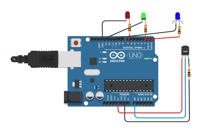 Circuit design Heat detector - Tinkercad