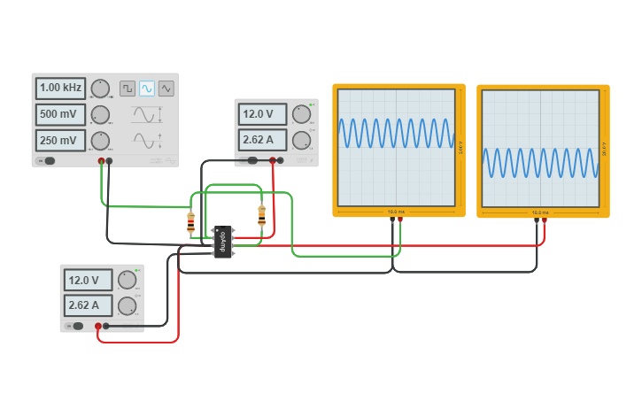 Circuit design OPAMP INVERSOR Y NO INVERSOR. | Tinkercad