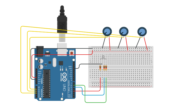 Circuit design RGB with 3 Potentiometers - Tinkercad