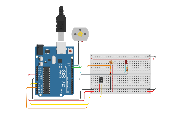Circuit design Sensor Cahaya dan suhu - Tinkercad