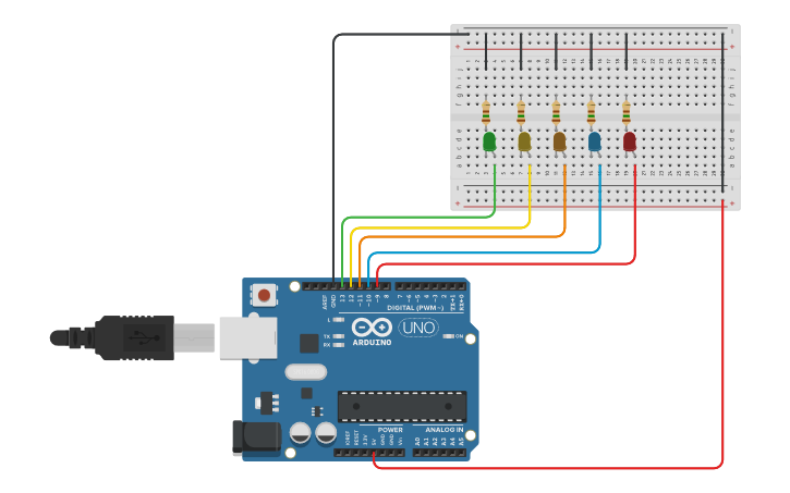 Circuit design sequenza led ciclo for - Tinkercad