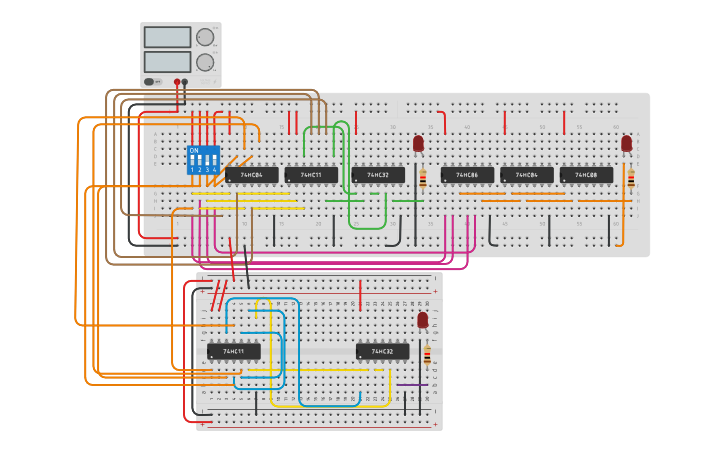 Circuit design 2-bit comparator - Tinkercad