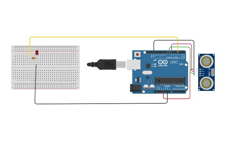 Circuit design ultrasonic sensor with led - Tinkercad