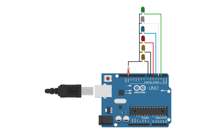 Circuit design Controlando 6 LED’s pelo monitor serial - Tinkercad