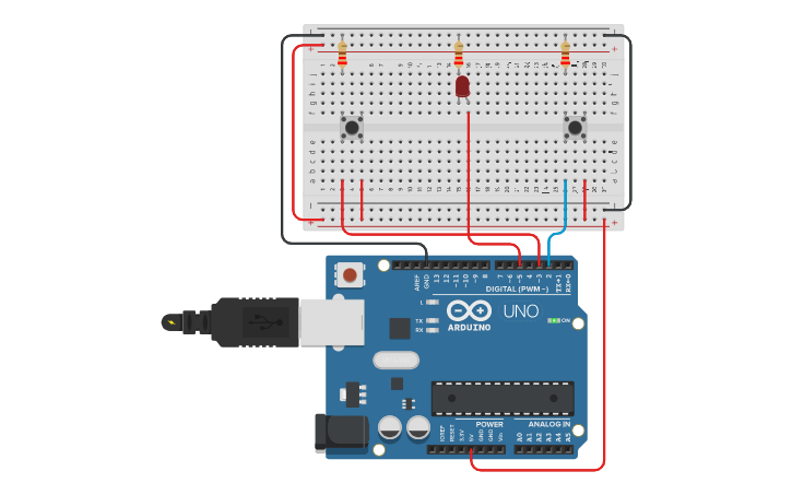 Circuit design ENCENDER Y APAGAR LED CON DOS PULSADORES - Tinkercad Circuit design ENCENDER Y APAGAR LED CON DOS PULSADORES - Tinkercad
