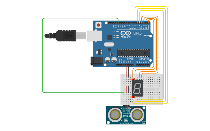 Circuit design Ultrasonic sensor with 7-segment display - Tinkercad