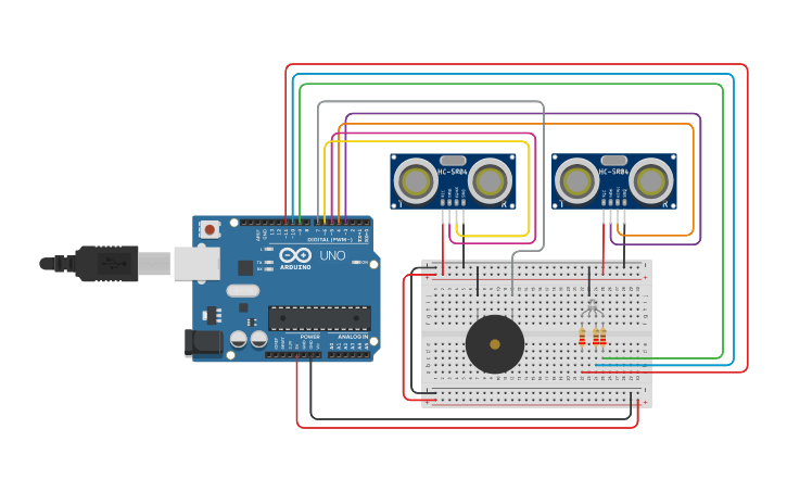 Circuit design Alarm System with Ultrasonic - Tinkercad