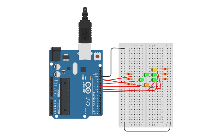 Circuit design Copy of LED Blink with Registers - Starter Circuit | Tinkercad