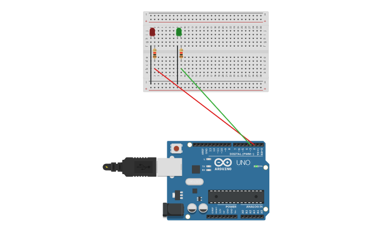 Circuit design Exercise 3a : Blink 2 LEDs | Tinkercad