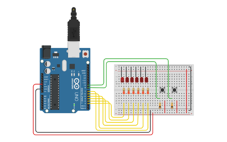 Circuit design SECUENCIA DE LEDS CON FUNCIONES - Tinkercad Circuit design SECUENCIA DE LEDS CON FUNCIONES - Tinkercad