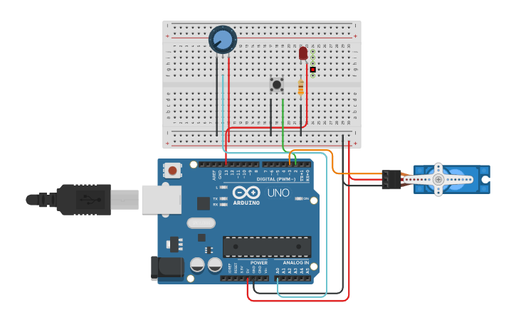 Circuit design Uygulama 8.2. Servo Motor-Led-Potansiyometre-Buton | Tinkercad