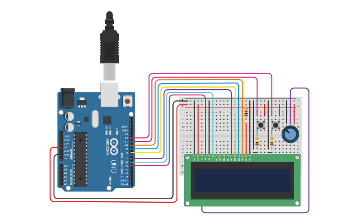 Circuit design Pushbutton LCD text diplay - Tinkercad Circuit design Pushbutton LCD text diplay - Tinkercad