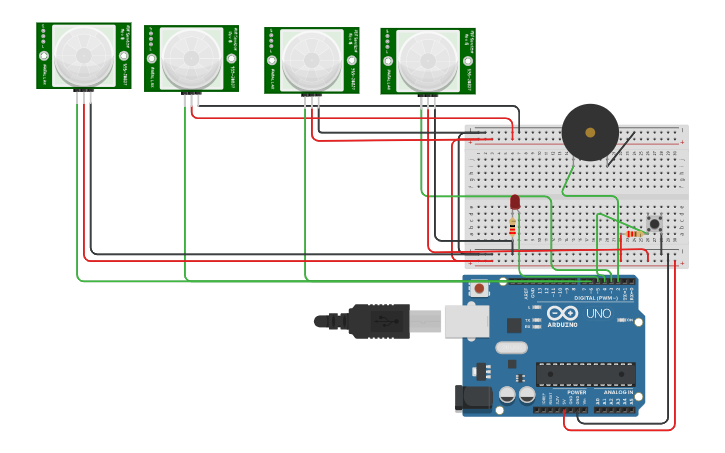 Circuit design Alarme 4 zonas | Tinkercad