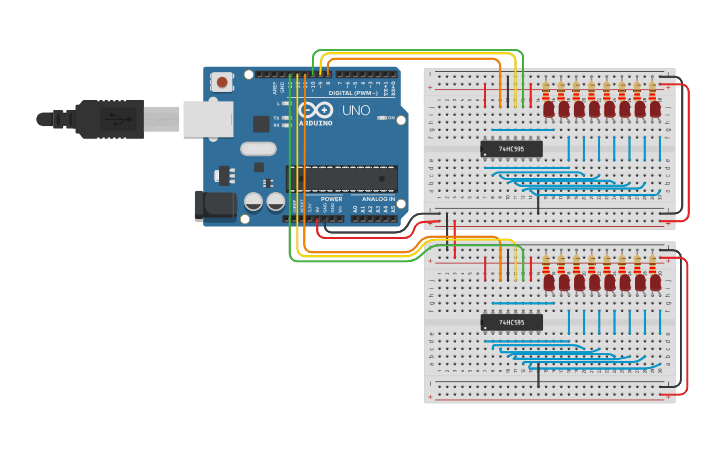 Circuit design 74HC595 - 16 DELS - Tinkercad