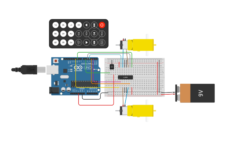 Circuit design Controlar dois motores DC por IR - Tinkercad
