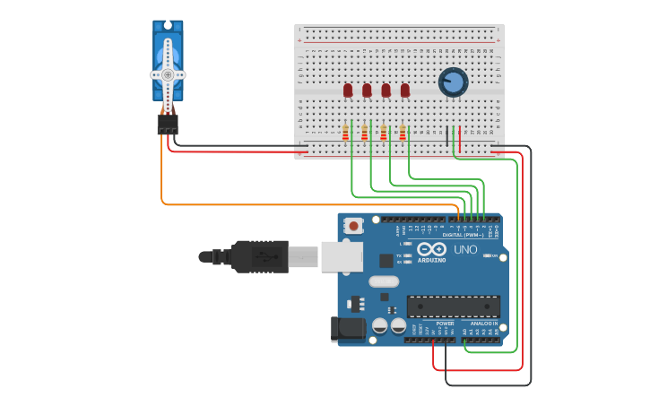 Circuit design Servo Motore con 4 Led di controllo - Tinkercad Circuit design Servo Motore con 4 Led di controllo - Tinkercad