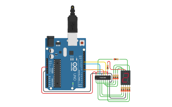 Circuit design 7-segment with Shift Register 74HC595 - Tinkercad Circuit design 7-segment with Shift Register 74HC595 - Tinkercad