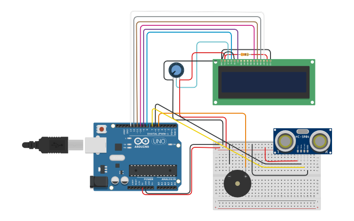Circuit design Alarm parkir mobil - Tinkercad