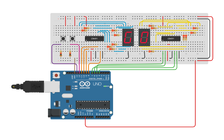Circuit design Contador dos digitos display 7 segmentos - ANGÉLICA NEGRETE 11°C - Tinkercad