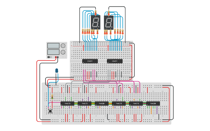 Circuit design PUSH BUTTON COUNTER (JK Flip Flops)_OCAMPO | Tinkercad Circuit design PUSH BUTTON COUNTER (JK Flip Flops)_OCAMPO | Tinkercad
