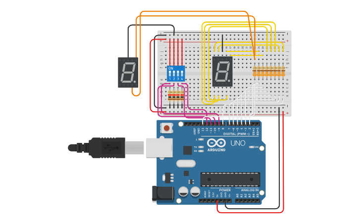 Circuit design Conversor binary-decimal | Tinkercad Circuit design Conversor binary-decimal | Tinkercad