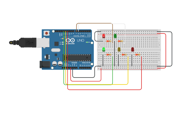 Circuit design Semáforo de veículos e pedestres | Tinkercad
