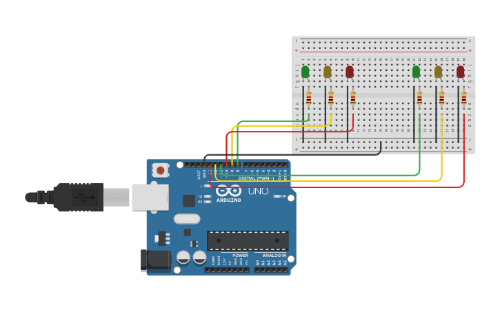 Circuit design Semafori Sincronizzati | Tinkercad