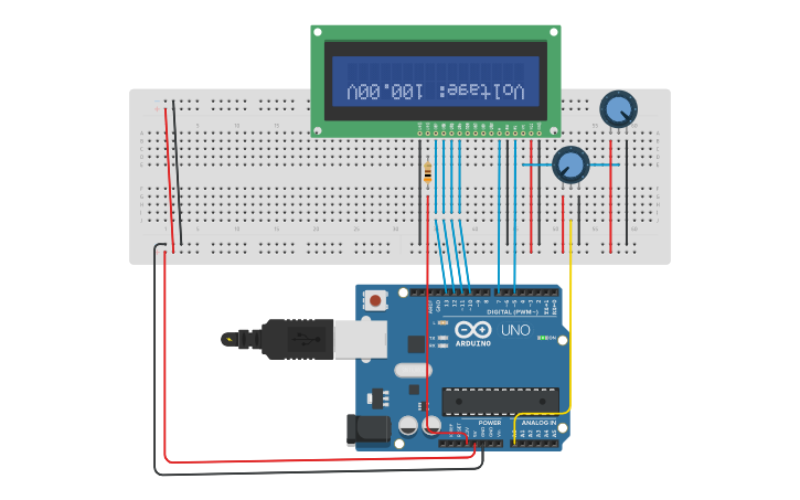 Circuit design Voltage control and display on LCD - Tinkercad