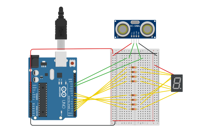 Circuit design Distance sensor plus seven segment - Tinkercad