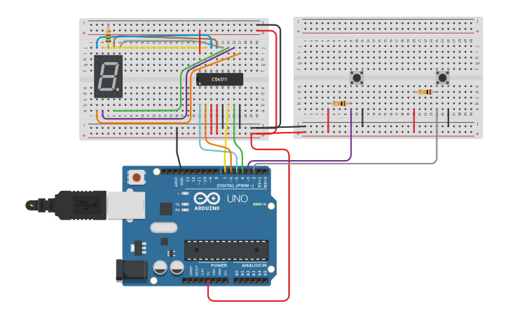 Circuit Design Display 7 Segmentos Com Cd4511 Y Pulsadores Tinkercad