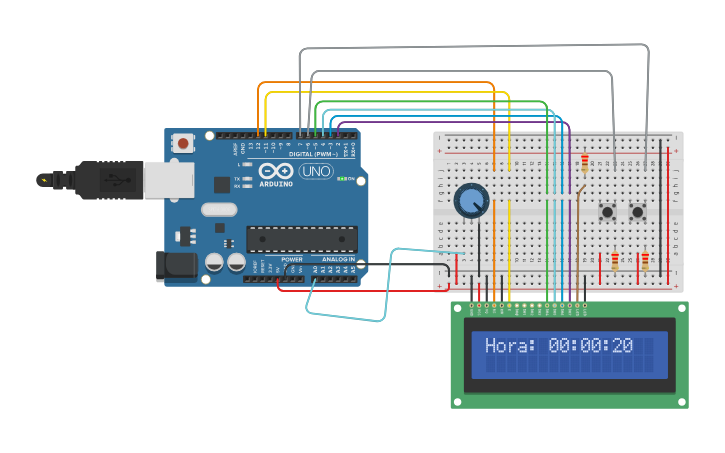 Circuit design Reloj digital con pantalla lcd - Tinkercad