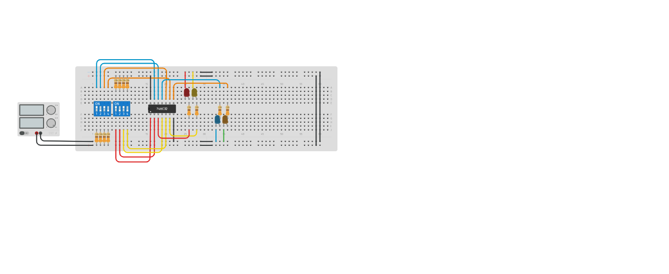 Circuit design OR GATE SETUP (74LS32 IC) - Tinkercad